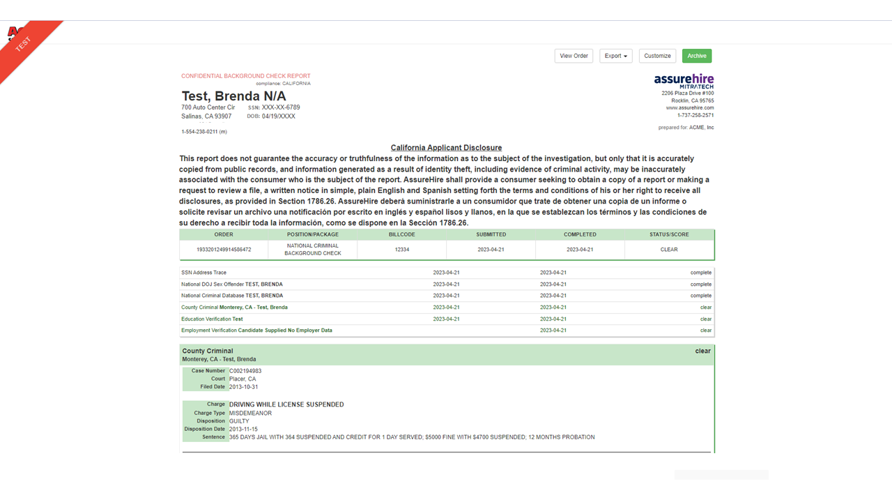 Viewing a Background Check Report