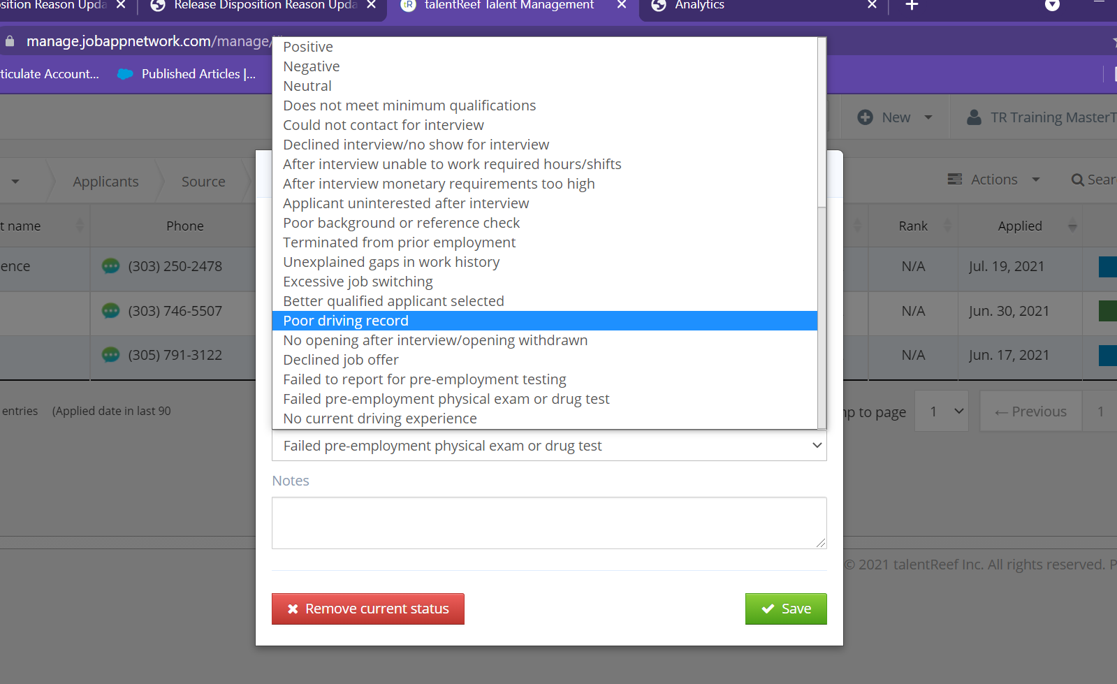 Release Disposition Reason Updates